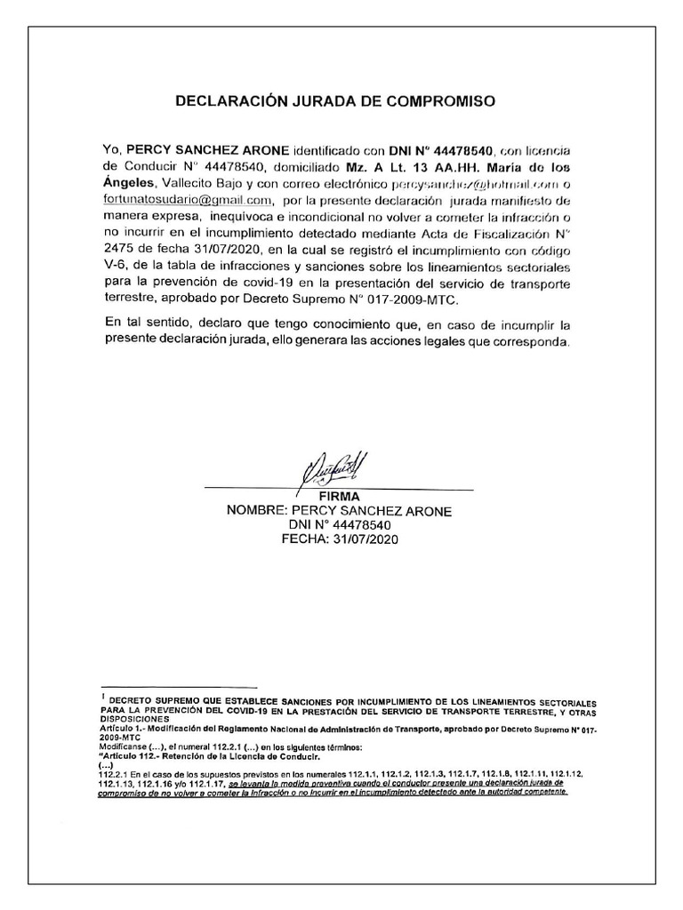 Declaracion Jurada de Compromiso | PDF