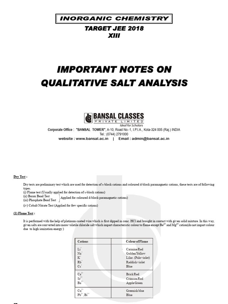 Salt Analysis BANSAL CLASSES | PDF | Carbonate | Atoms