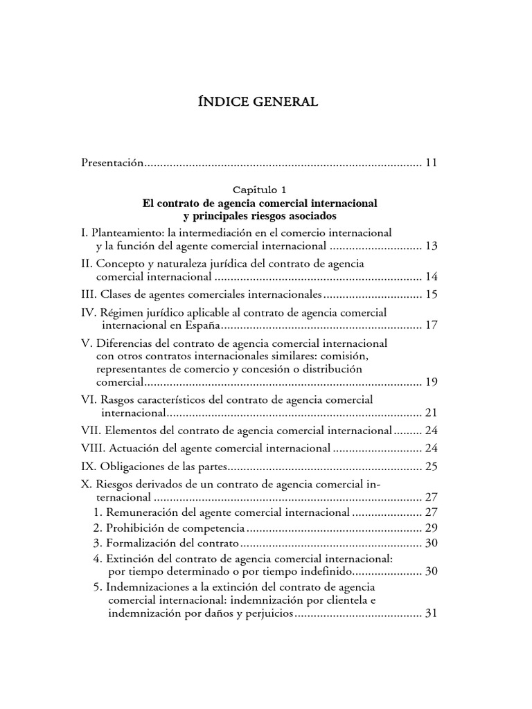 Índice General: El Contrato de Agencia Comercial Internacional y Principales Riesgos Asociados ...