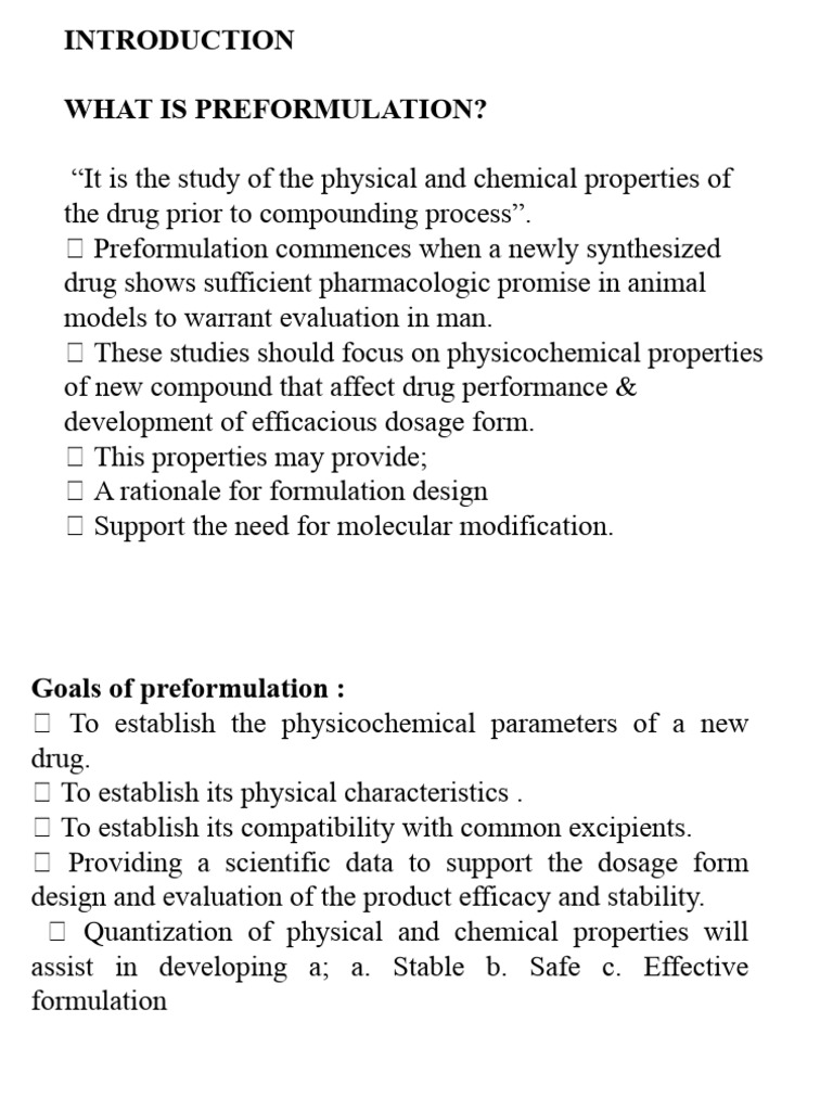 Preformulation Study | PDF | Solubility | Pharmaceutical Formulation