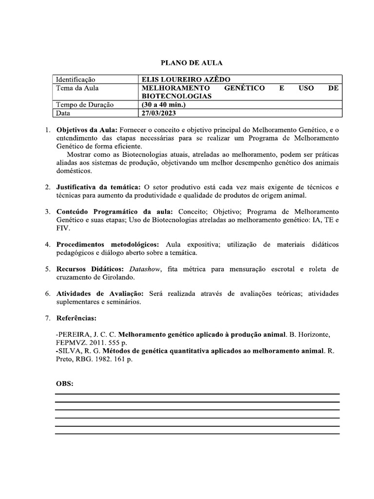 Modelo Plano de Aula | PDF