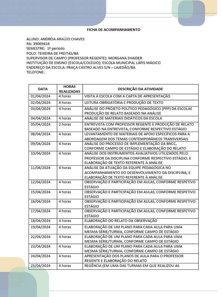 Ficha de Acompanhamento Andréia | PDF | Pedagogia