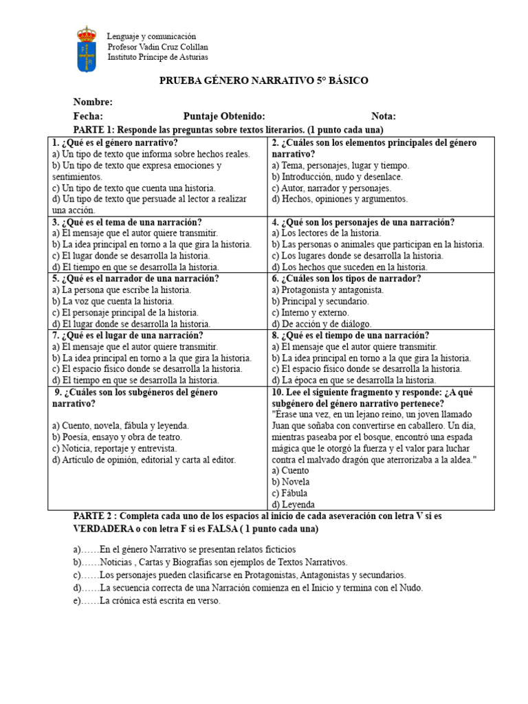 Prueba Género Narrativo Quinto Básico | PDF | Narración