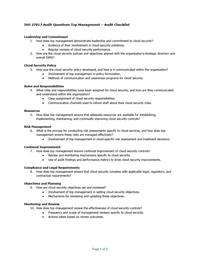 ISO 27017 Audit Questions For Top Management - Audit Checklist | PDF | Audit | Cloud Computing