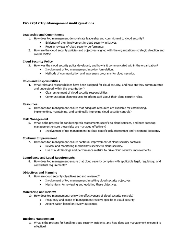 ISO 27017 Top Management Audit Questions - Audit Checklist | PDF ...