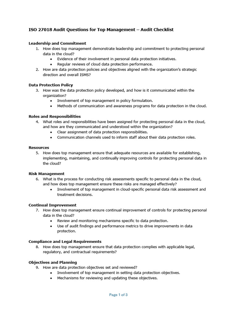 ISO 27018 Audit Questions For Top Management - Audit Checklist | Download Free PDF | Audit ...