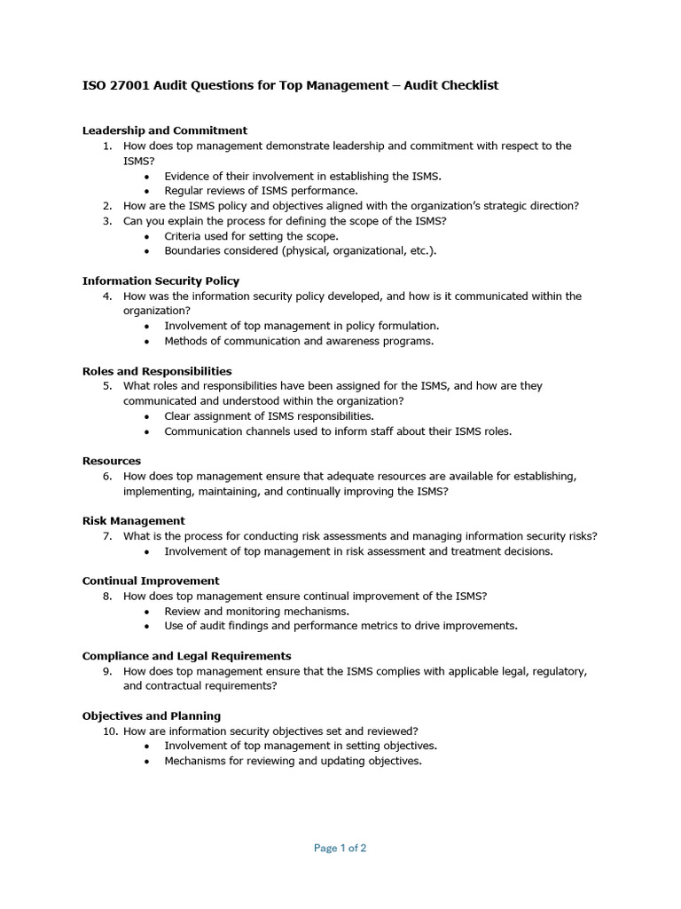ISO 27001 Audit Questions For Top Management - Audit Checklist | PDF ...