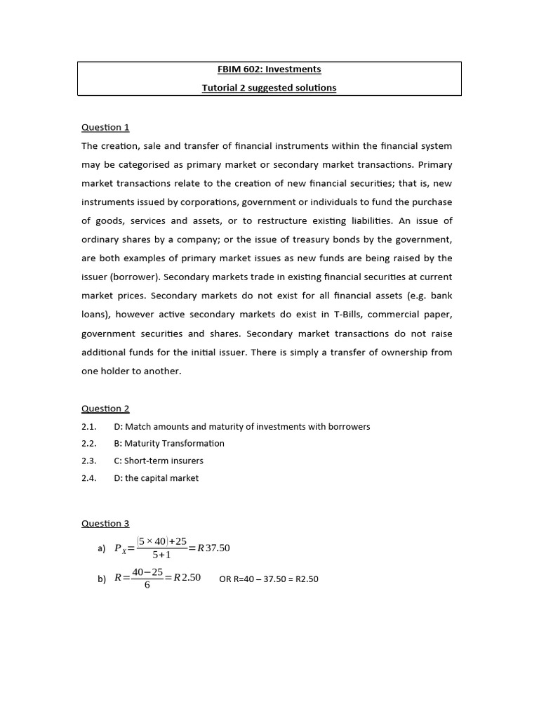 Tut 2 Solution | PDF | Securities (Finance) | Secondary Market