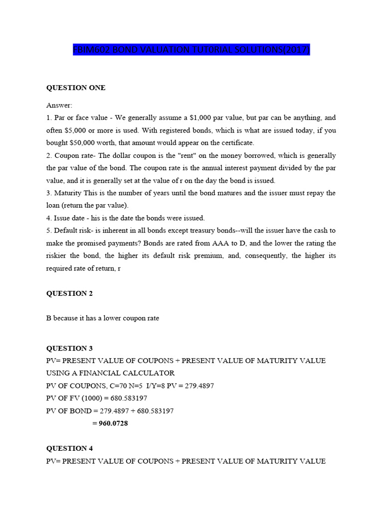 Tutorial 5 Solutions | PDF | Bonds (Finance) | Present Value