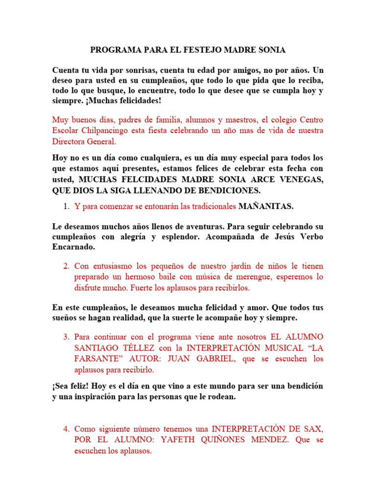 Programa para El Festejo Madre Sonia | PDF | Cumpleaños