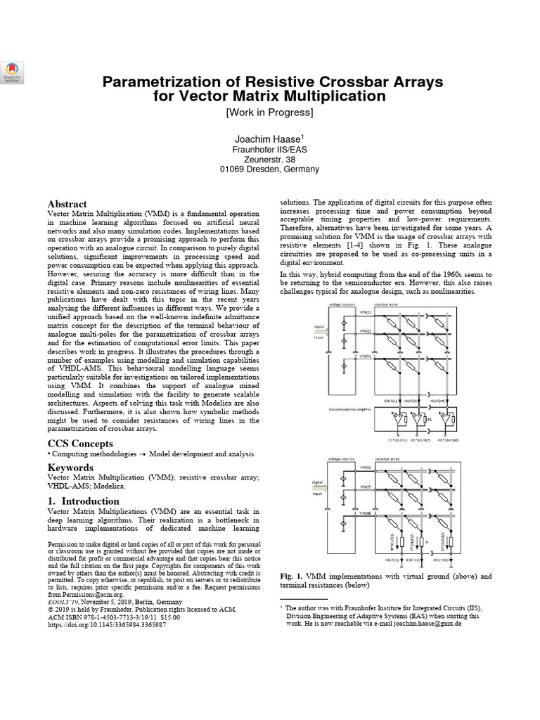 Parametrization of Resistive Crossbar Arrays For Vector Matrix Multiplication | PDF | Matrix ...