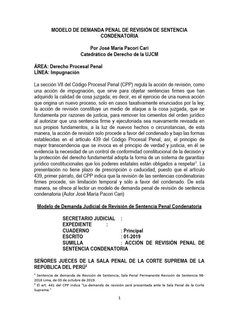 Modelo de Demanda Penal de Revisión de Sentencia Condenatoria | PDF | Sentencia (ley) | Judicaturas