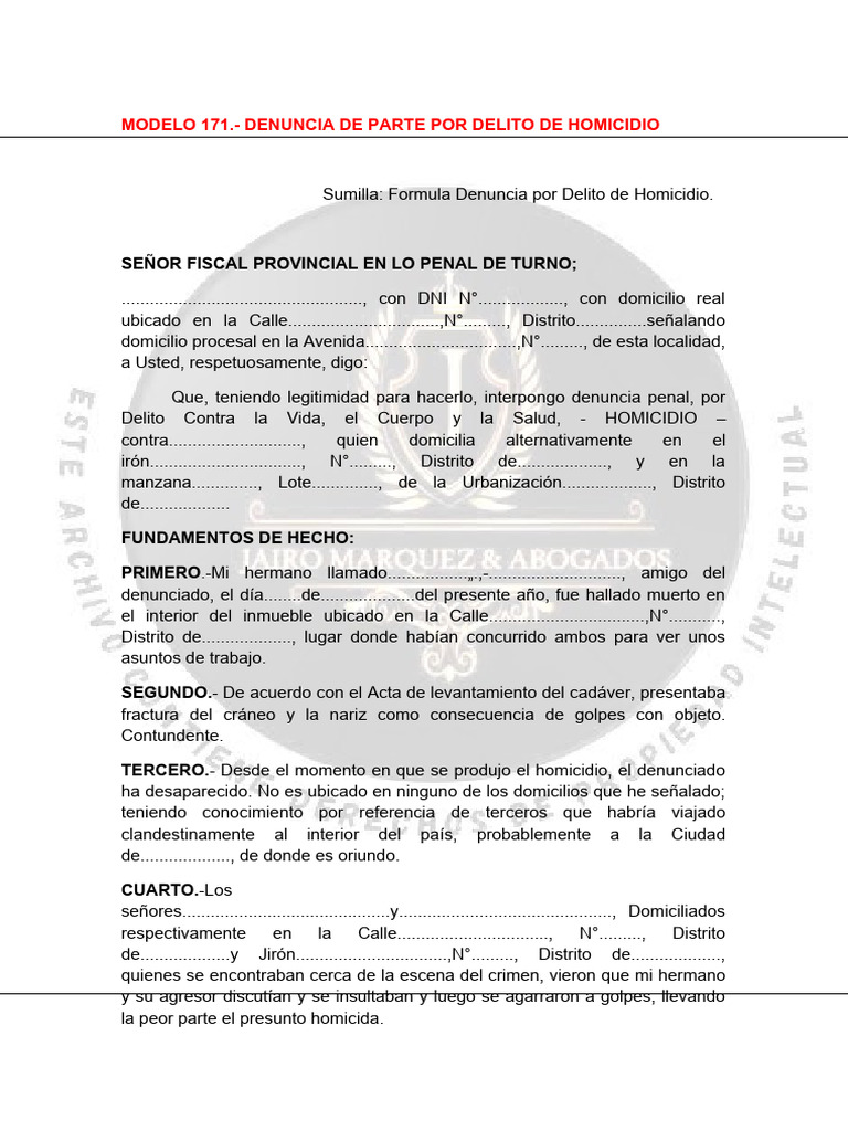 Modelo de Denuncia de Parte Por Delito de Homicidio | PDF | Homicidio | Justicia
