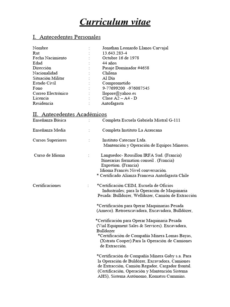 Curriculum Jonathan Llanos | PDF | Minería | Equipos de construcción
