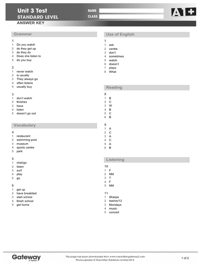 A1+ UNIT 3 Test Answer Key Standard | PDF | Languages | Foreign ...