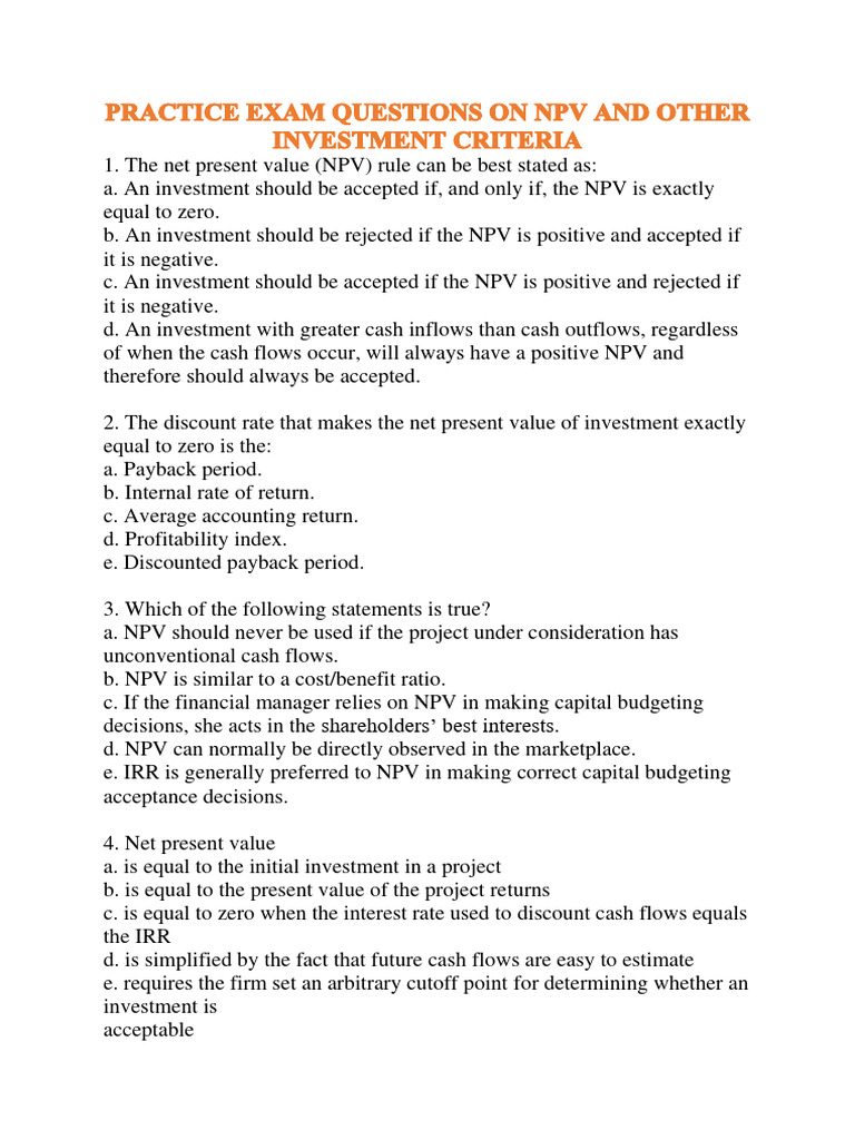 Practice Exam Questions On Chap 10 Cash Flow Projection | PDF | Net Present Value | Internal ...