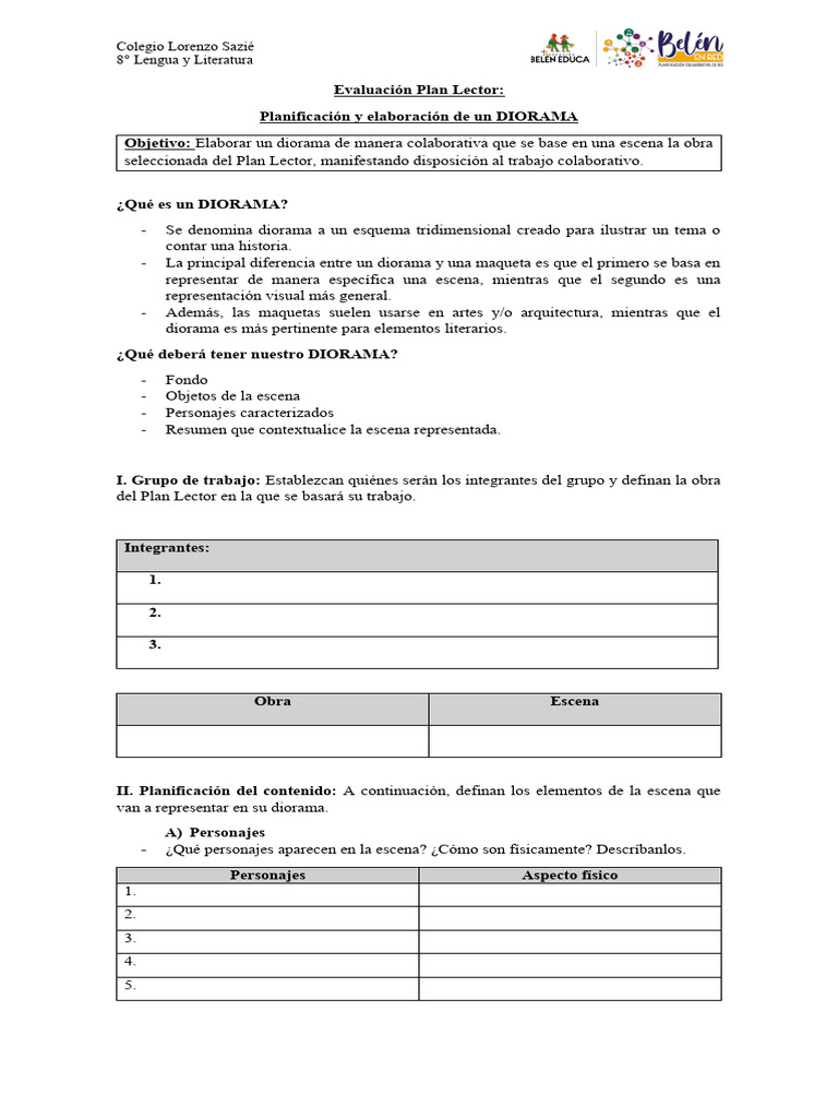 Evaluación Plan Lector 8° PLANIFICACIÓN DIORAMA | PDF | Ortografía | Planificación