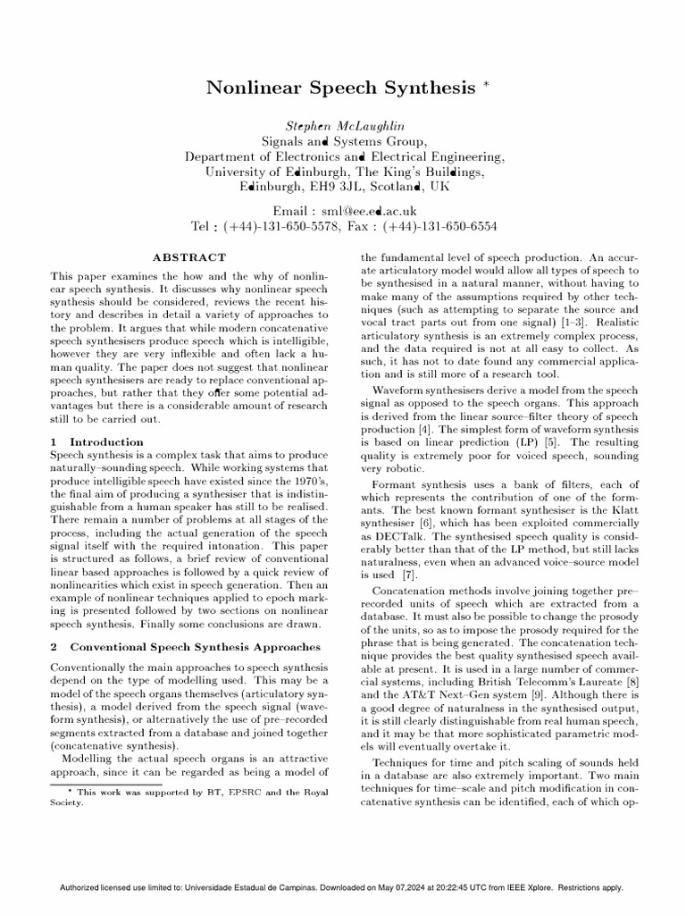 Nonlinear Speech Synthesis | PDF | Speech Synthesis | Applied Mathematics