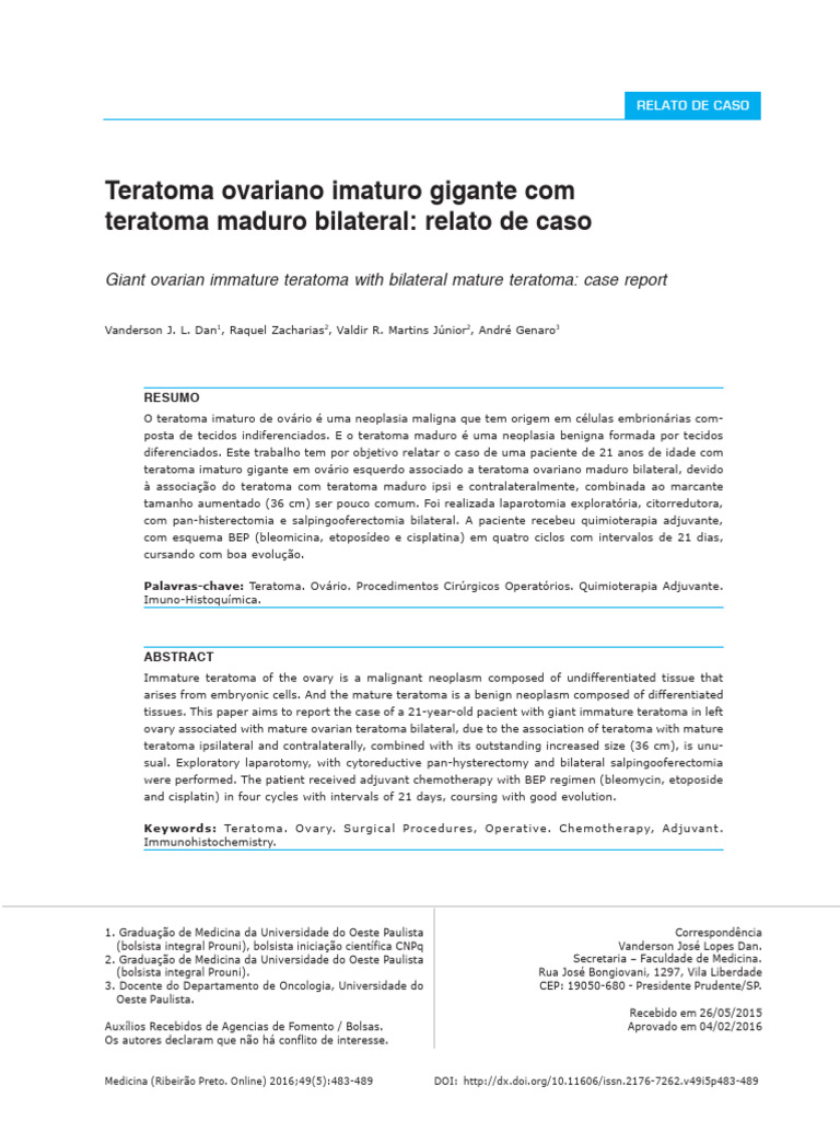 Teratoma Ovariano: Relato de Caso Clínico | PDF | Câncer | Medicina Clínica