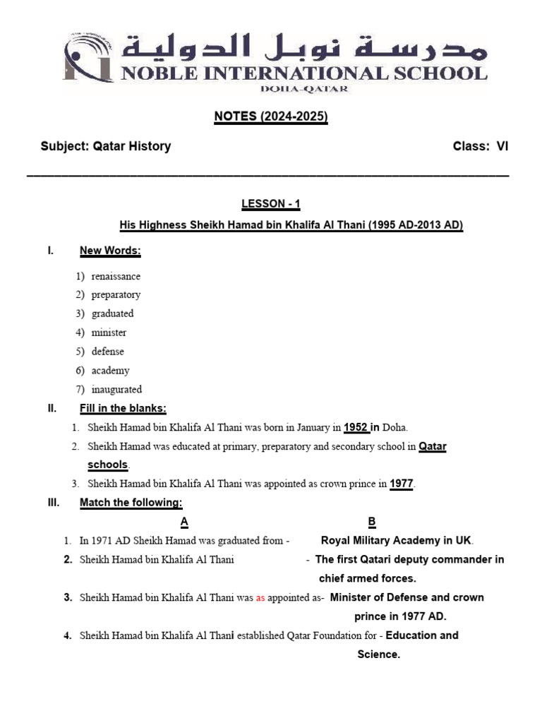 Notes (2024-2025) Subject: Qatar History Class: VI | PDF | Qatar | Doha