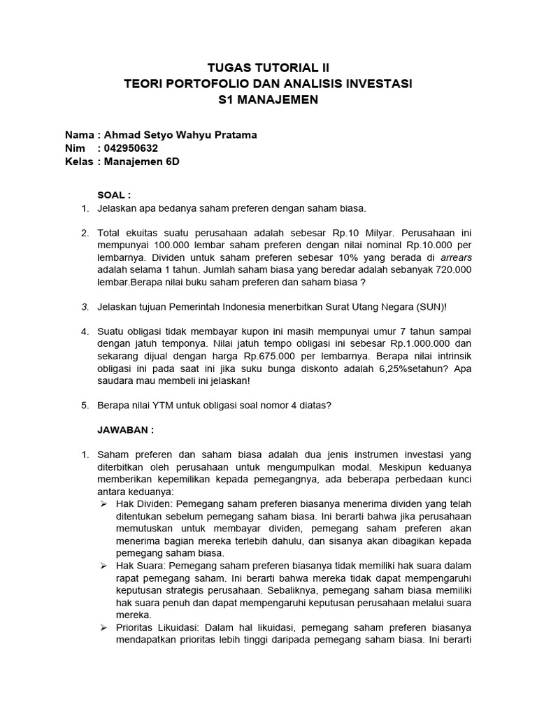TTM2 042950632 Ahmadsetyo Teoriportofolio | PDF | Pengelolaan Keuangan & Uang