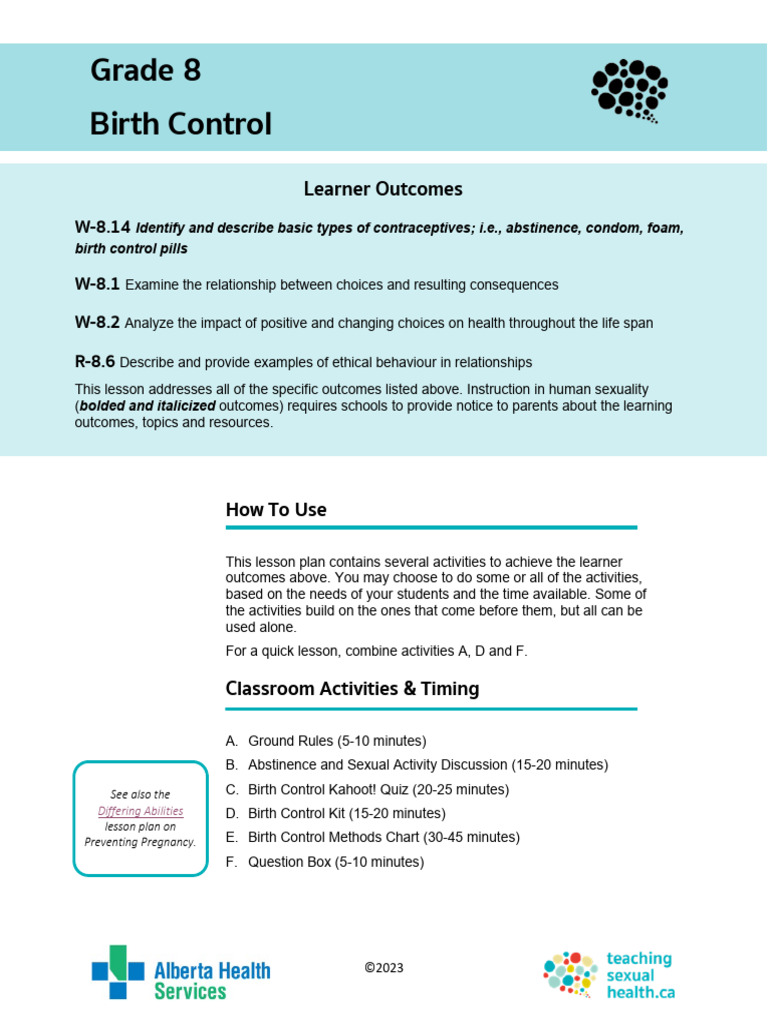 Grade 8 Birth Control Lesson Plan | PDF | Birth Control | Safe Sex