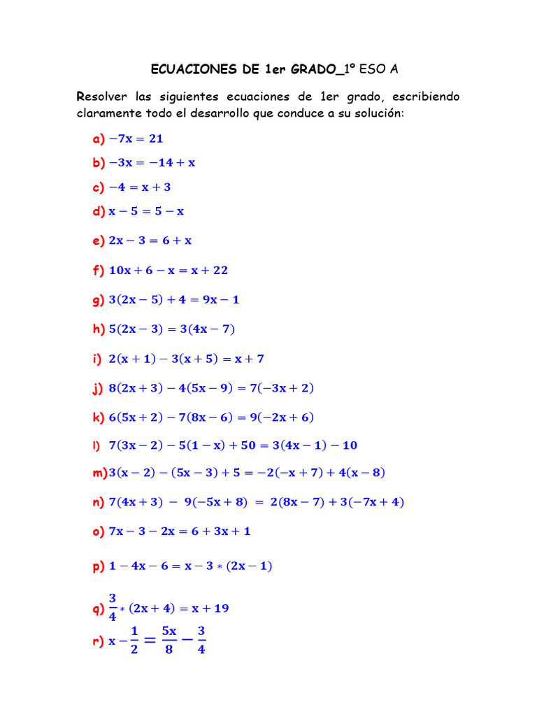 Ejercicios_ecuaciones de 1er Grado | PDF
