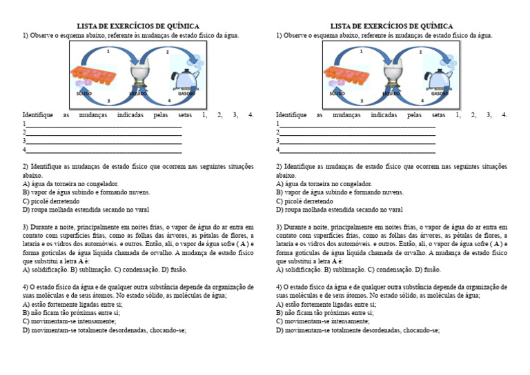 Lista De Exercícios De Química 1 Ano Pdf Vapor Congelamento