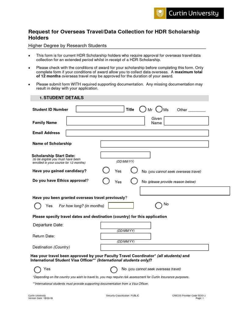 HDR Scholarship Overseas Travel Form | PDF | Travel Visa
