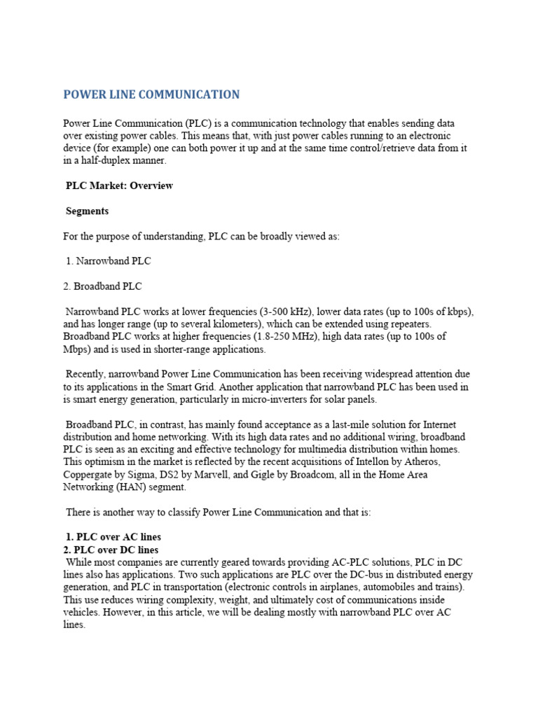Power Line Communication 1 Plc Over Ac Lines 2 Plc Over Dc Lines Pdf Orthogonal Frequency