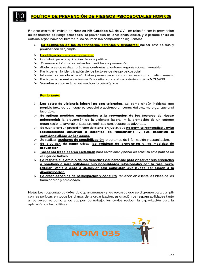 +política de Prevención de Riesgos Psic. Nom 035 Completa | PDF | Violencia