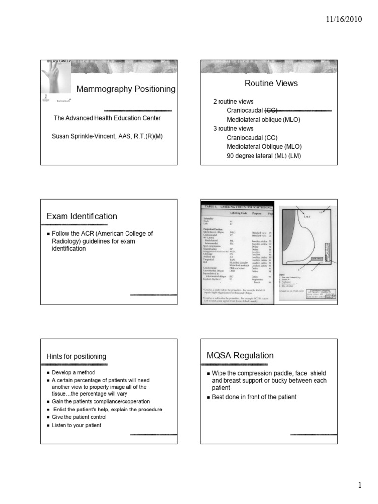 Mammography Positioning Techniques Guide | PDF | Anatomical Terms Of ...