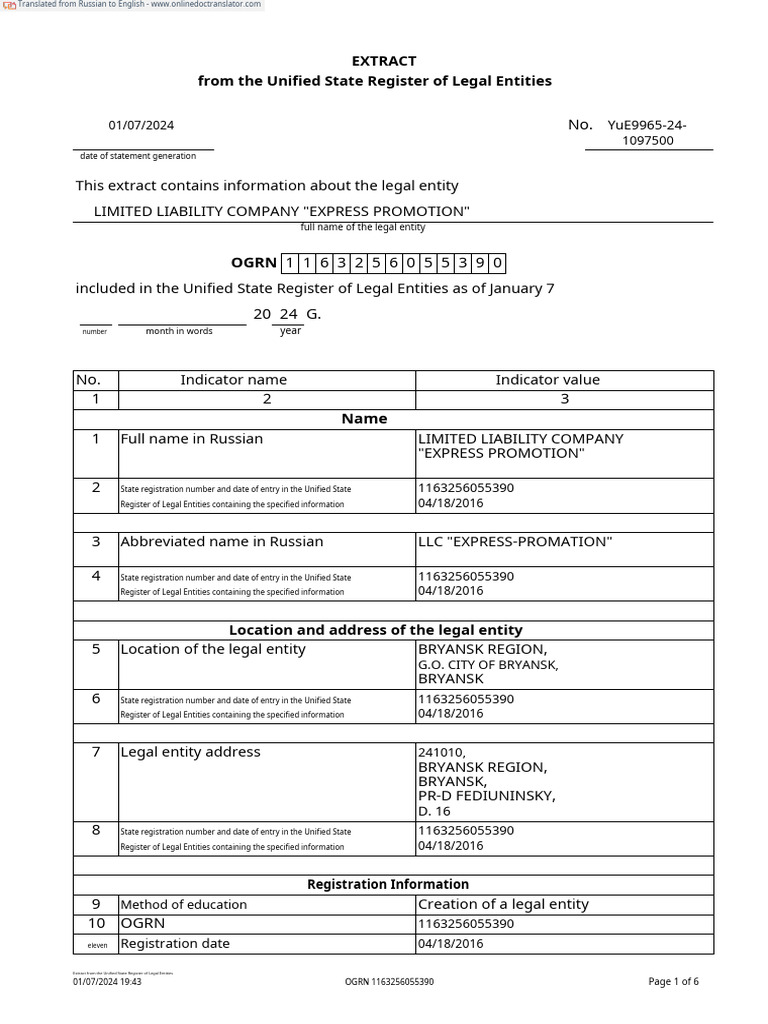 Extract From The Unified State Register of Legal Entities | PDF ...