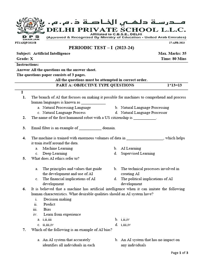 Grade10 PT1 AI 417 QP SET2 70571 | PDF | Artificial Intelligence ...