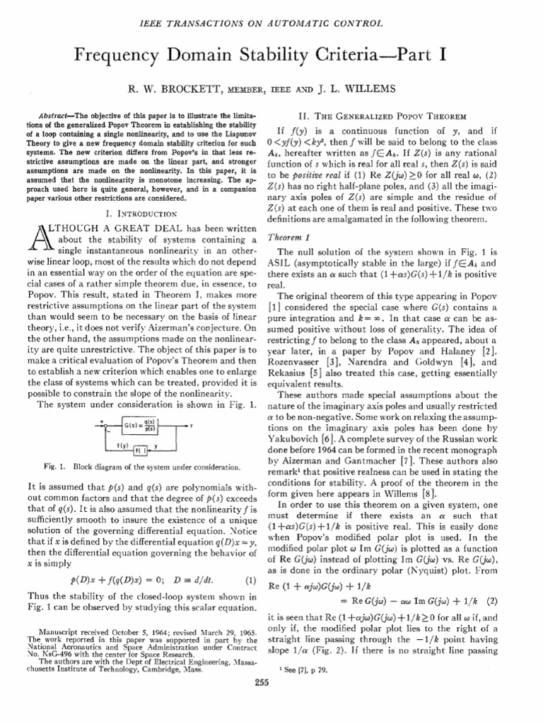 1965_Brockett, Willems_Frequency Domain Stability Criteria-Part I | PDF | Mathematical Concepts ...