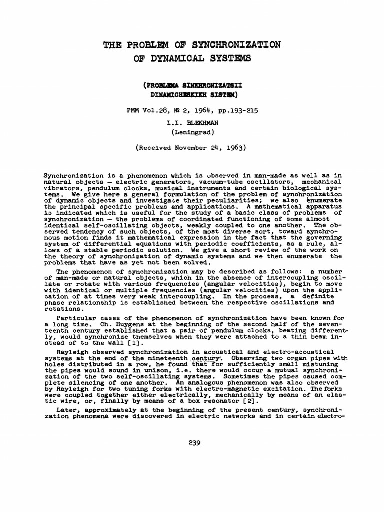 1964 Blekhman The Problem Of Synchronization Of Dynamical Systems Pdf Oscillation