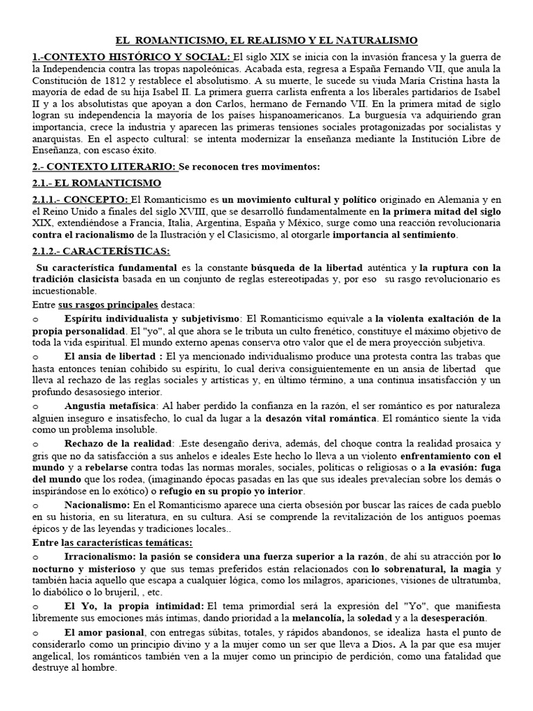 El ROMANTICISMO, REALISMO Y NATURALISMO Literario Del sXIX | PDF ...