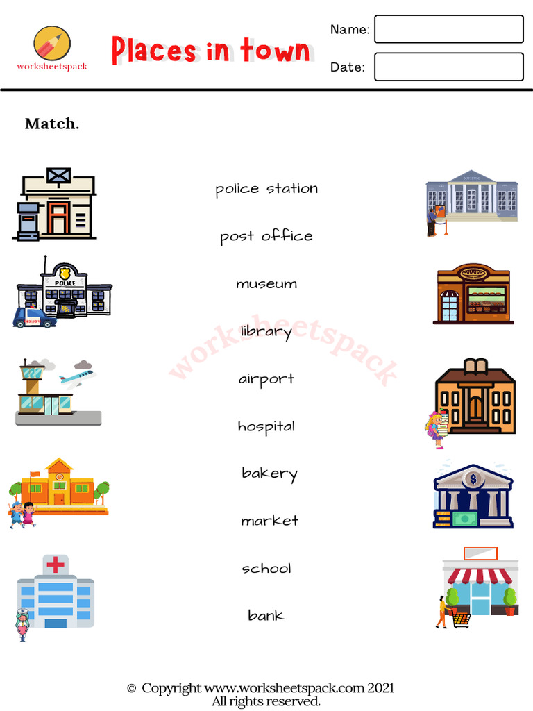 Places in Town Worksheets Matching Words and Pictures | PDF