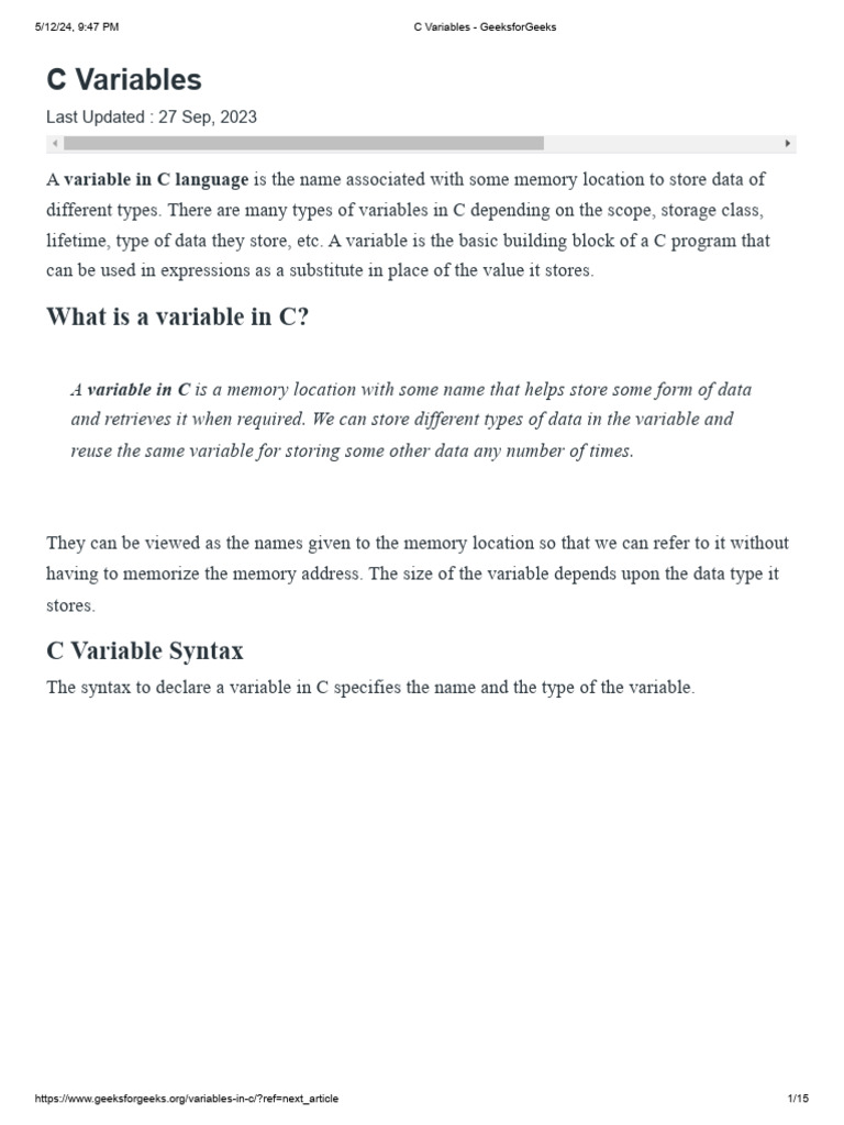 C Variables | PDF | Scope (Computer Science) | Variable (Computer Science) C Variables | PDF | Scope (Computer Science) | Variable (Computer Science)