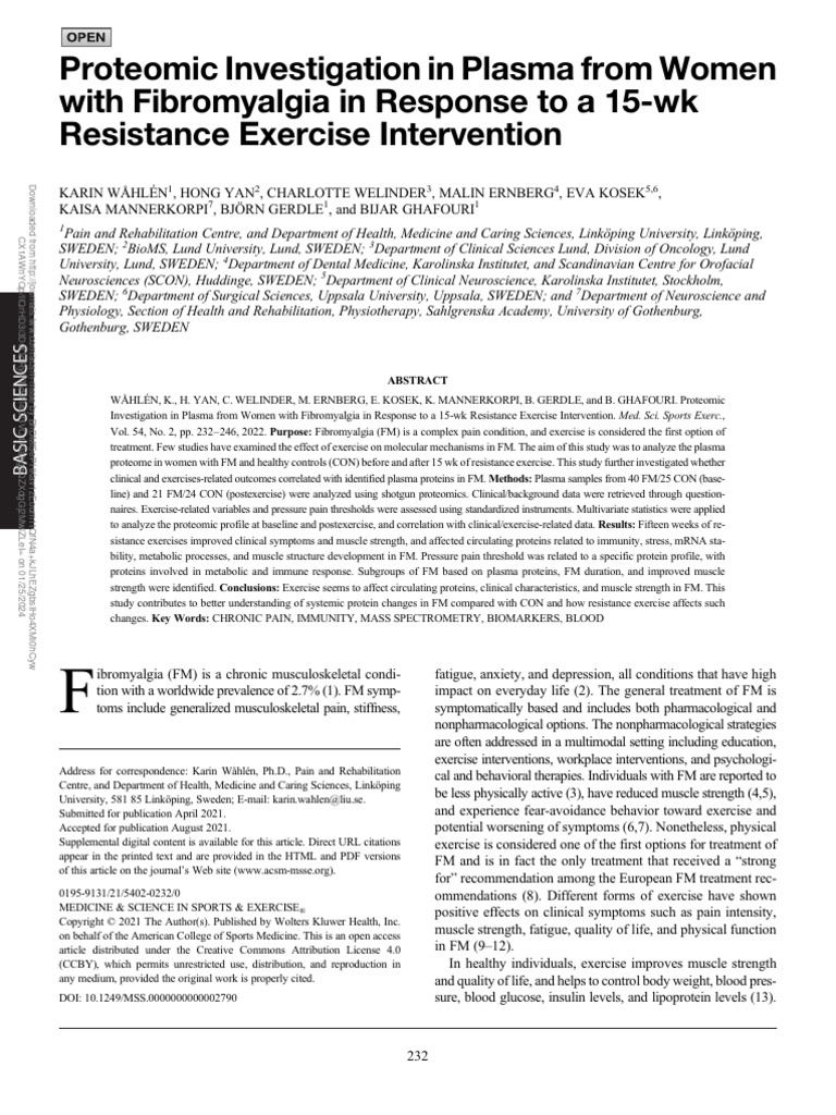 Proteomic Investigation In Plasma From Women With Fibromyalgia In