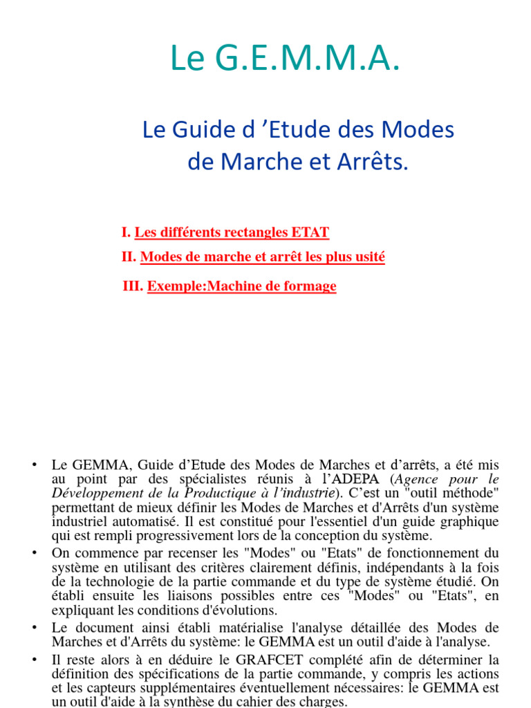 Guide GEMMA : Modes de Marche et Arrêts | PDF | Calibrage