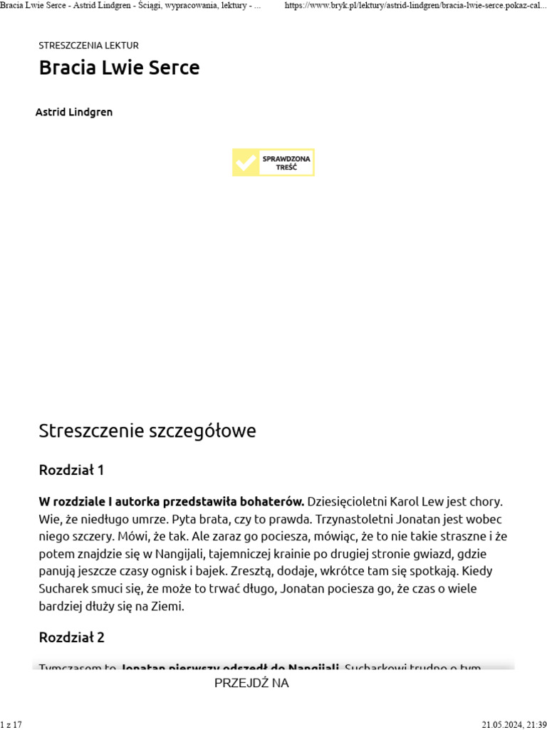 Bracia Lwie Serce - Astrid Lindgren - Ściągi, Wypracowania, Lektury - Bryk - PL | PDF