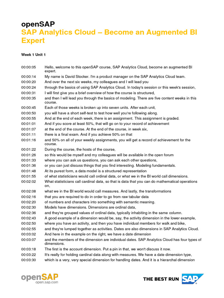 openSAP Sac5 Week 1 Transcript | PDF | Table (Database) | Data