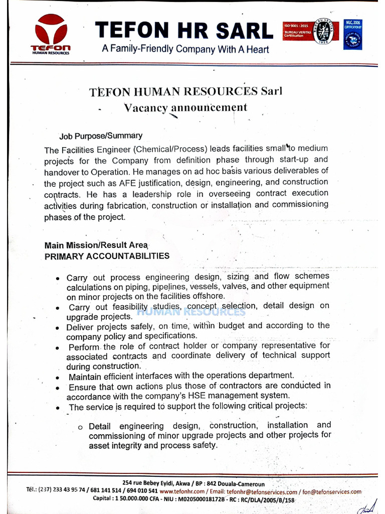 Job Advert - Facilities Engineer | PDF