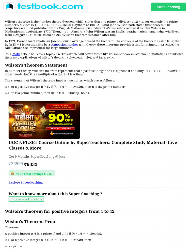 Wilson's Theorem - Statement, Applications & Solved Examples | PDF