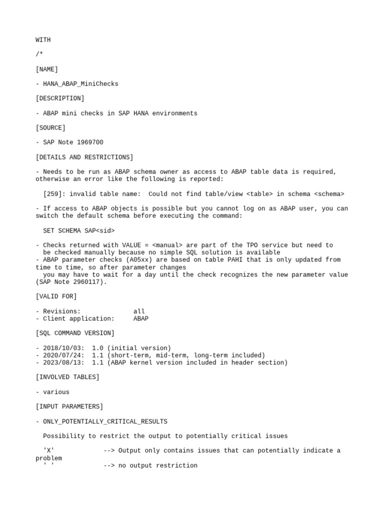HANA ABAP MiniChecks | PDF | Parameter (Computer Programming) | Data Management