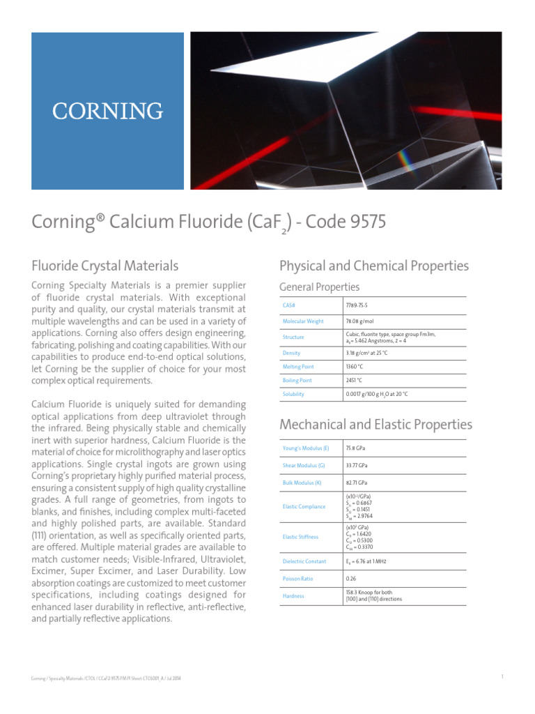 Calcium Fluoride PI Sheet September 2014 | PDF | Crystal | Refractive Index