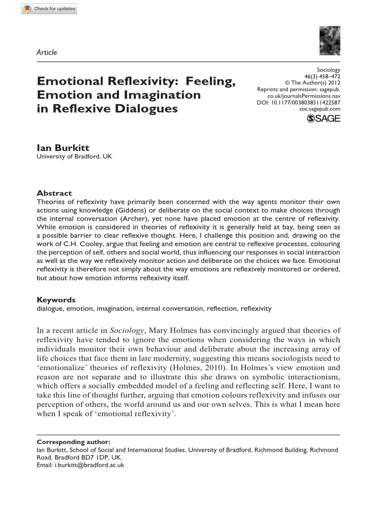 Burkitt 2012 Emotional Reflexivity Feeling Emotion and Imagination in ...