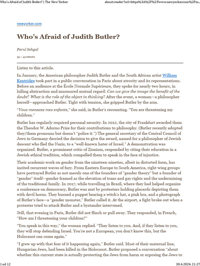 Who's Afraid of Gender? Insights by Butler | PDF | Gender | Gender Studies