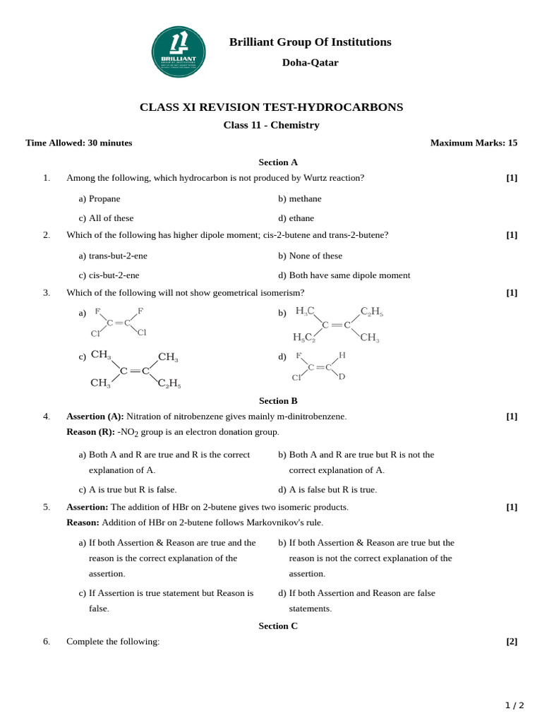 Hydrocarbons Revision Test Questions | PDF | Alkene | Chemical Reactions